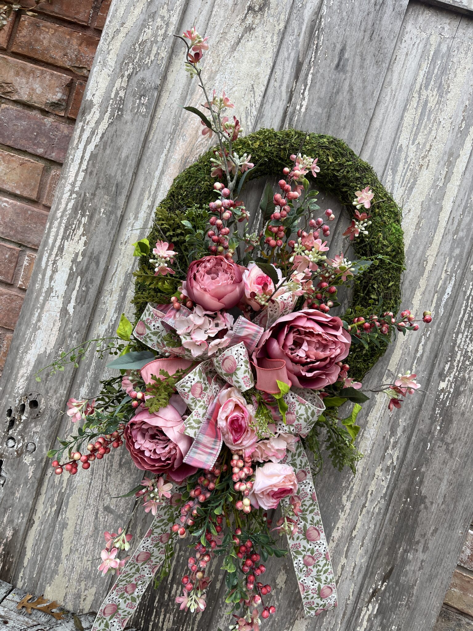 Pink Spring Floral Wreath on a Moss Wreath Base . Kelea's Design School